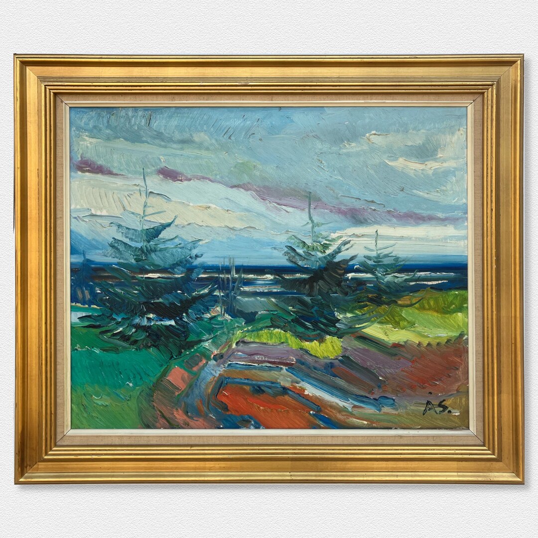 Large Vintage Danish Landscape Oil Painting - Framed Seascape With Pine ...