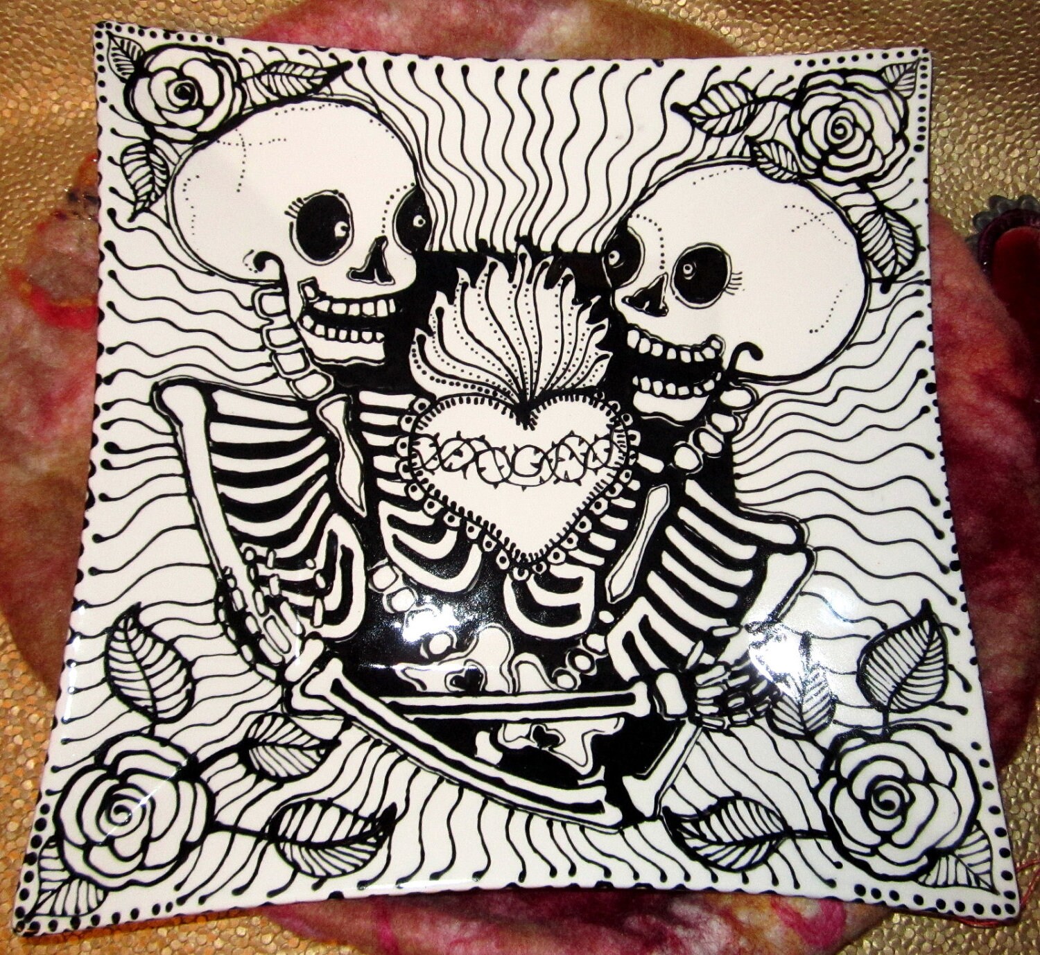 Skeleton Lovers Ceramic Plate With Sacred Heart From Taos New | Etsy