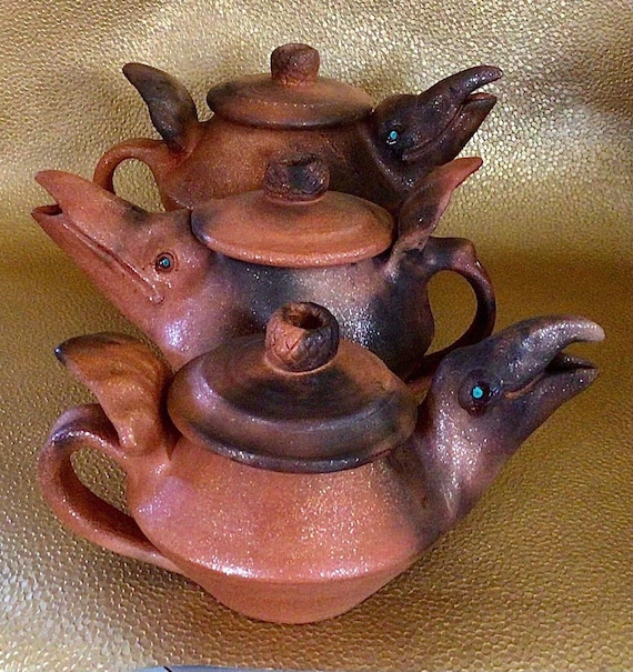 Custom Raven Cacao-teapot With Turquoise Eyes Mica Clay From | Etsy