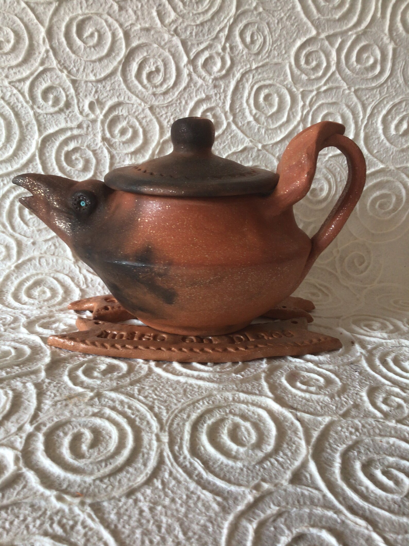 Custom Raven Cacao-teapot With Turquoise Eyes Mica Clay From | Etsy