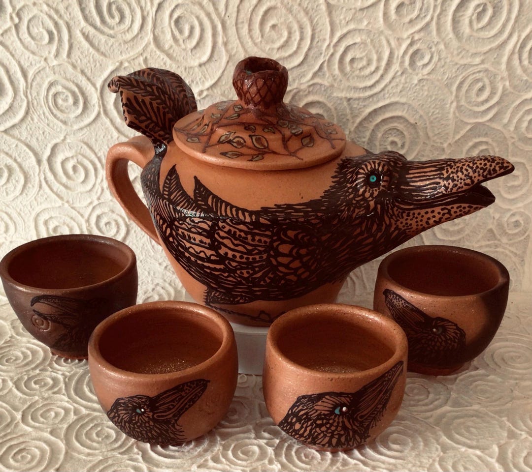 Raven Cacao-teapot Set With 4 Tea Bowls Mica Magic Clay From New Mexico ...