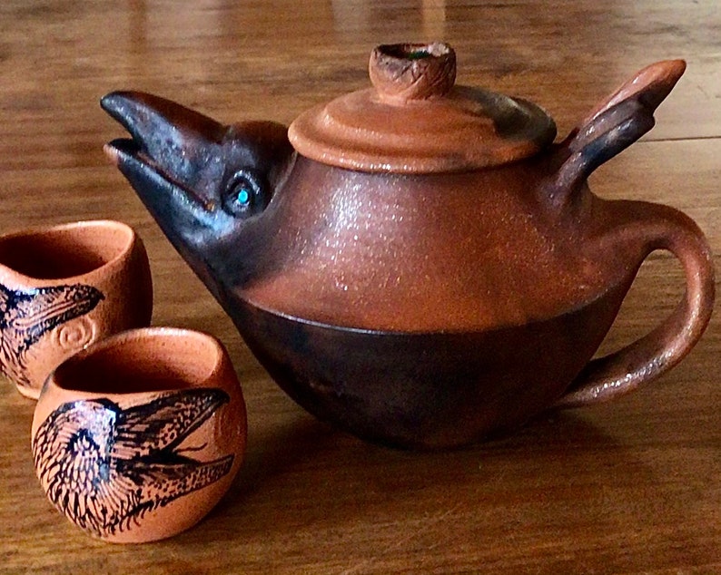 Custom Raven Cacao-teapot With Turquoise Eyes Mica Clay From | Etsy