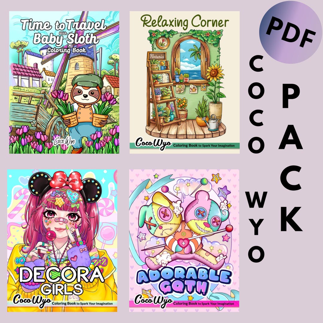 Pack 4 Coco Wyo Coloring Books (PDF): Time to Travel Baby Sloth, Relaxing Corner, Decora Girls ...
