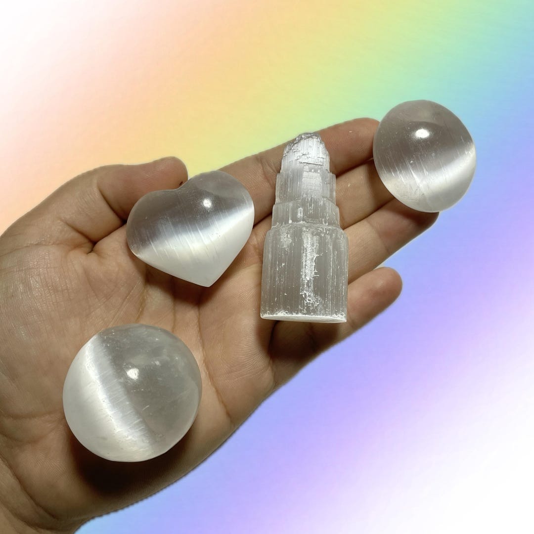 Mini Selenite Crystal Kit: Tower, Heart, Palm Stone & Sphere - Etsy