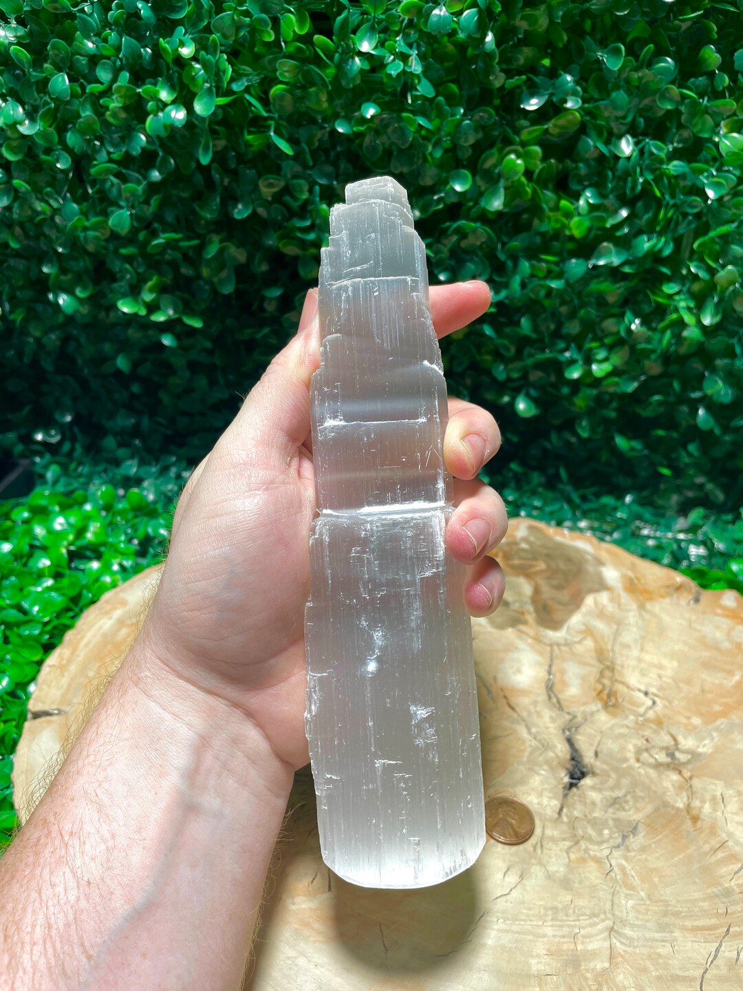 Selenite Tower 8'' With LED Wood Light Changing Stand, Selenite Color ...