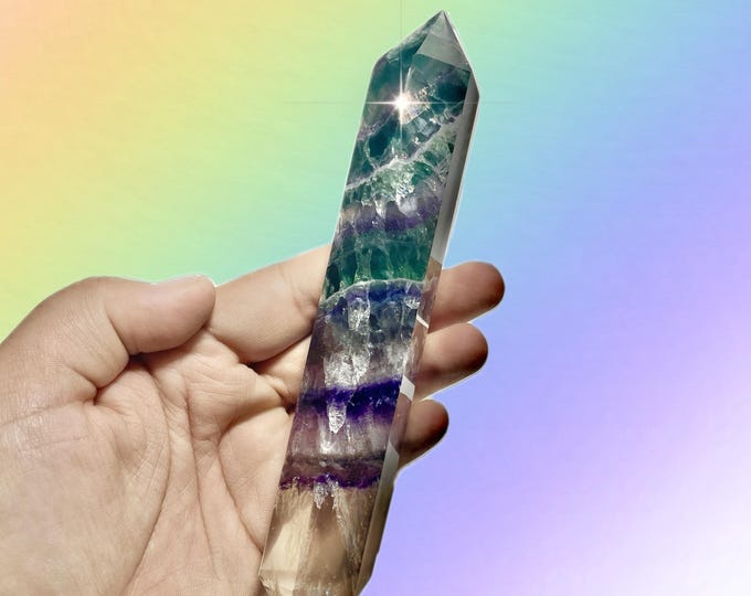 Banded Fluorite Wand | Polished Purple, Green, Yellow Point | Double ...