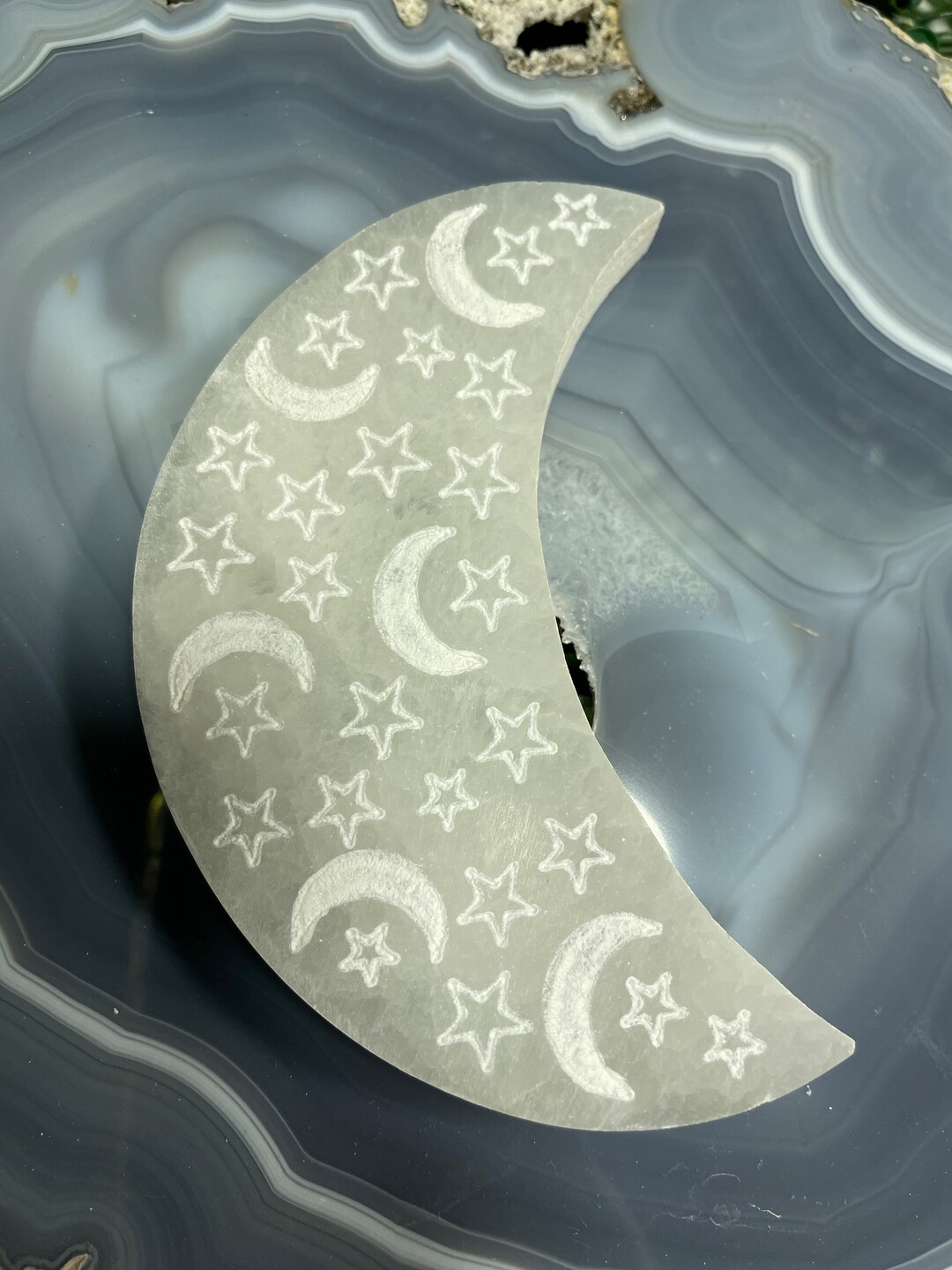 Selenite Engraved Cresent Moon Charging Plate, Crystal Charging Plate,4 ...