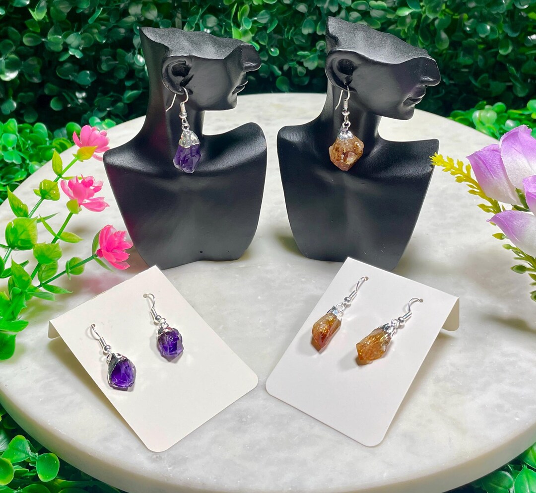 Amethyst and Citrine Point Earrings, Natural Raw Amethyst and Citrine Dangle Earrings, Silver ...