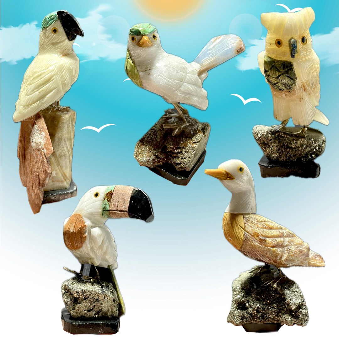 Gemstone Bird on Quartz & Pyrite Base | Soapstone Bird Carvings on ...