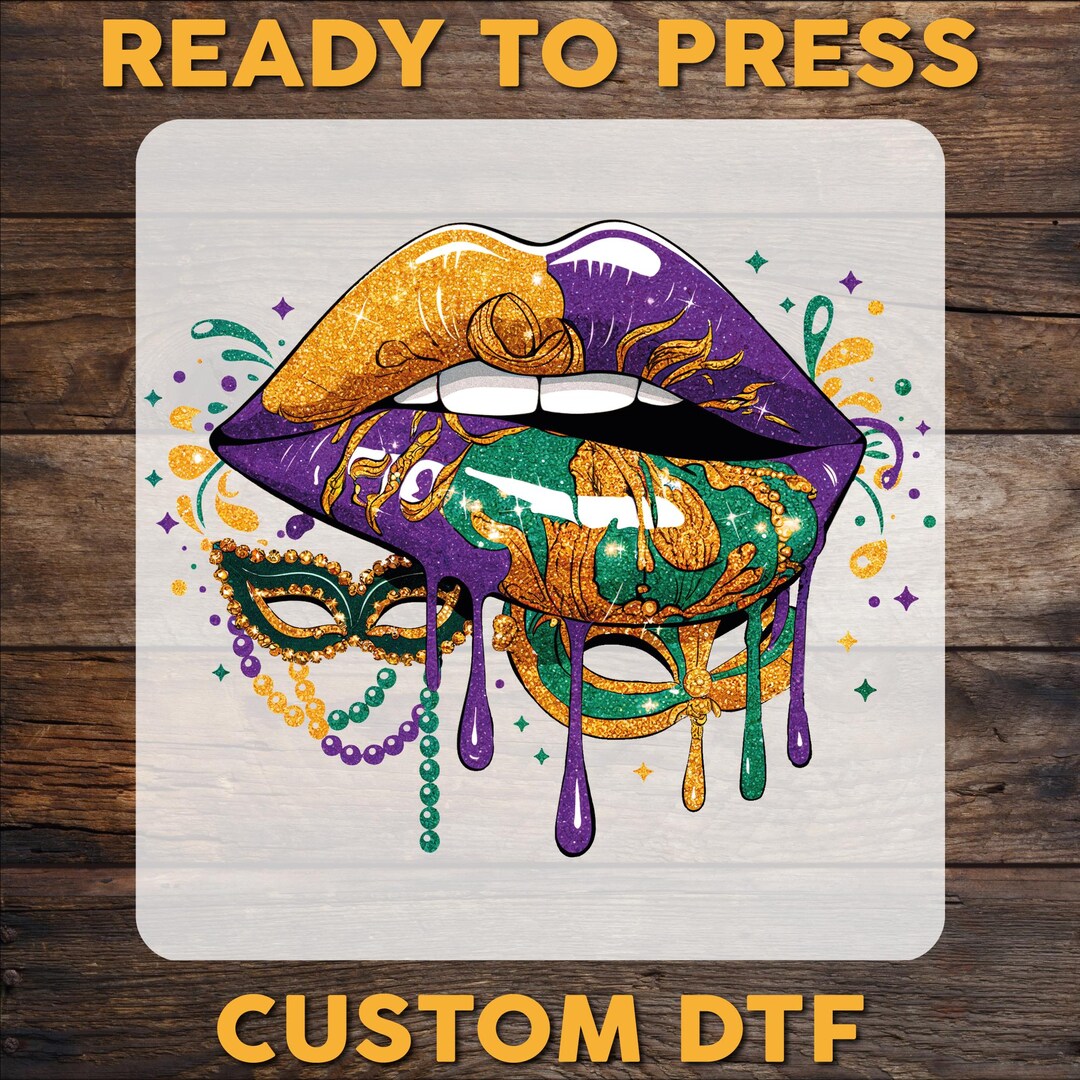 Dripping Mardi Gras Lips DTF Transfer, Carnival Mask Ready to Press ...