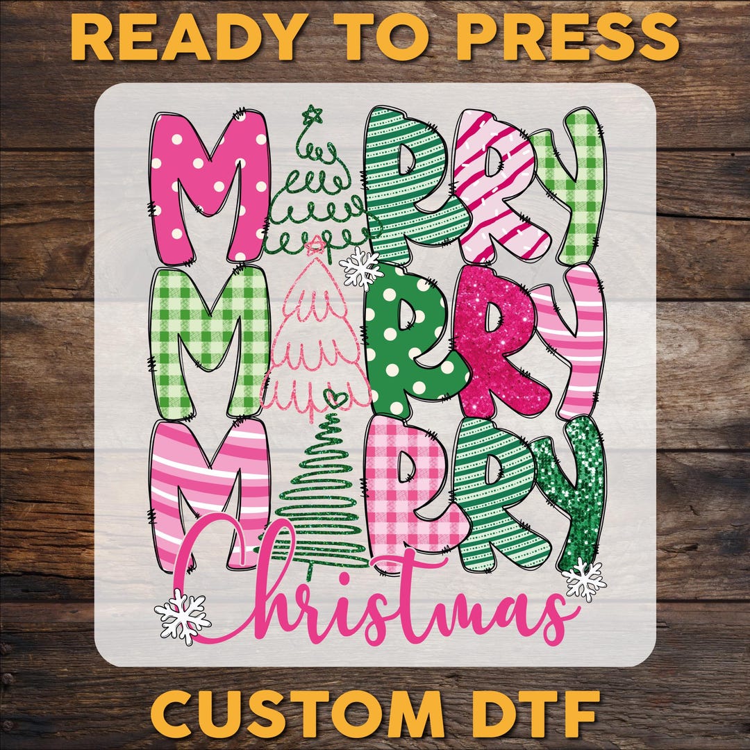 Merry Christmas Glitter Effect DTF Transfer, Retro Christmas Tree Ready ...
