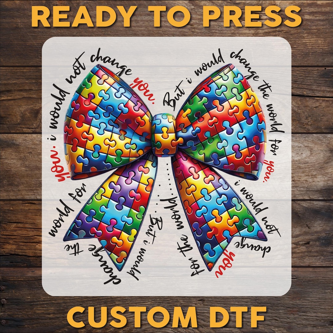 Autism Awareness Bow DTF Transfer, Colorful Puzzle Piece Bow Ready to ...