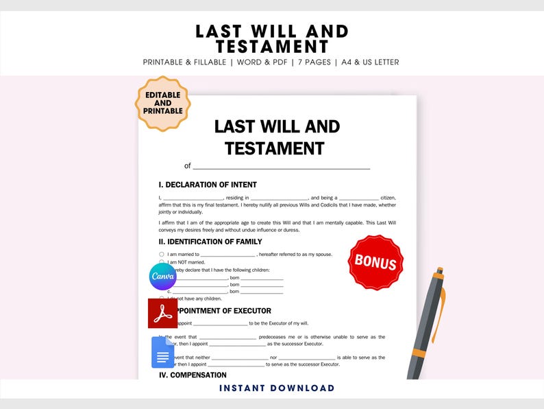 Last Will Testament Form Printable Will Legal Testament Template End of ...