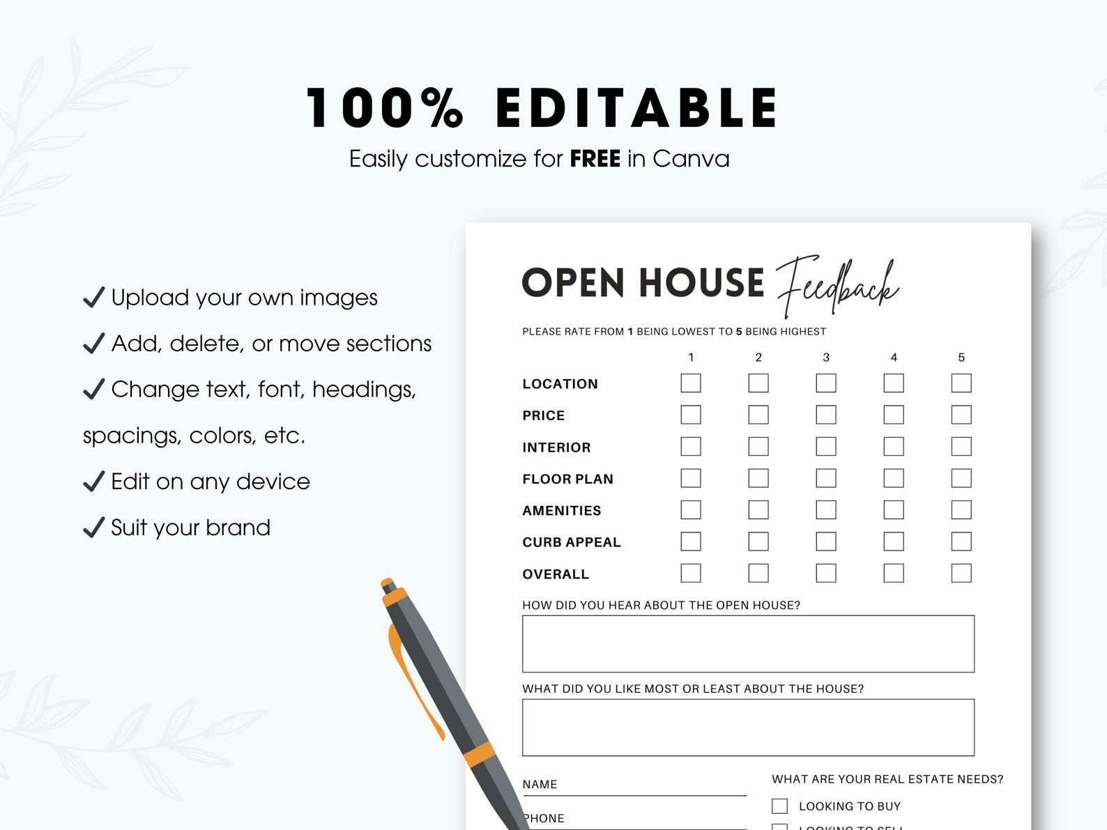 Open House Feedback Form Printable, Editable Canva Template, Real ...