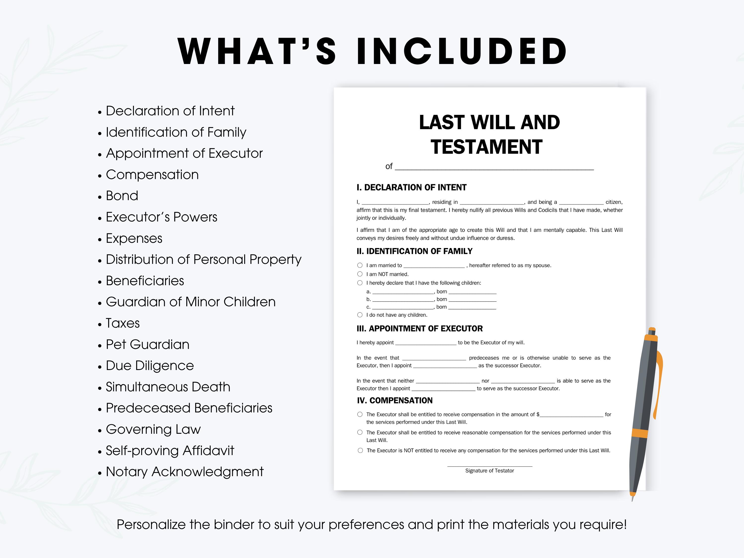 Last Will Testament Form Printable Will Legal Testament Template End of ...