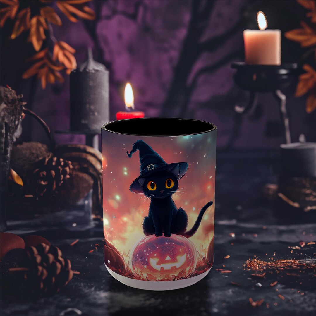 Magical Halloween Cat Mug Black Cat in Witch Hat on Crystal Ball, 11 Oz ...