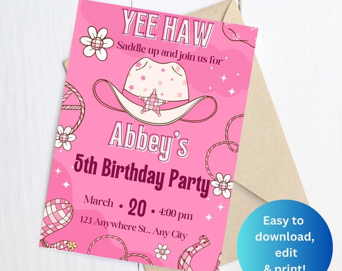 Editable Space Cowgirl Birthday Invitation, Pink Yee Haw Cowgirl Party ...