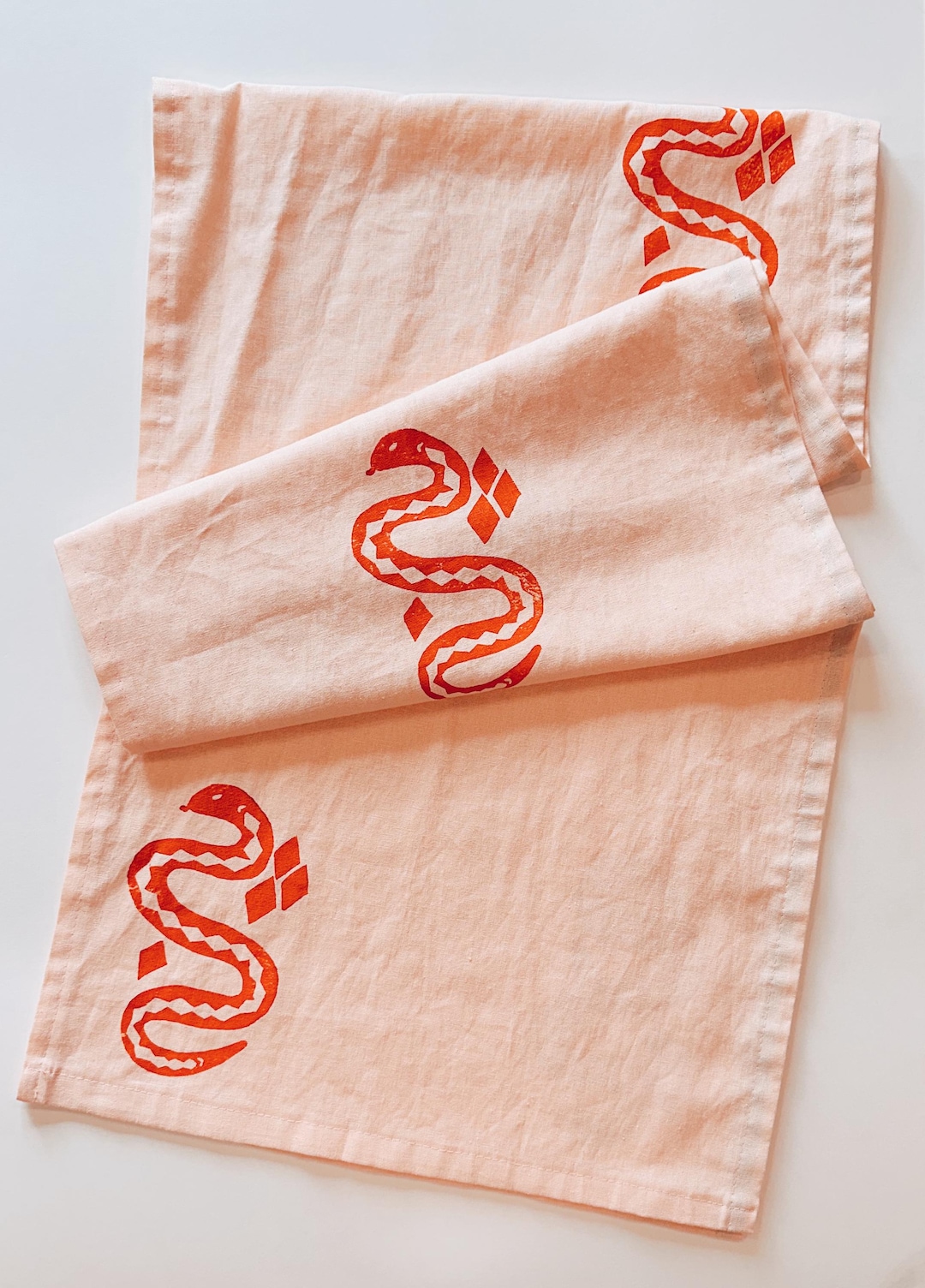 Hand Block Printed Table Runner. Snake on Blush Pink. Boho Decor. Linen ...