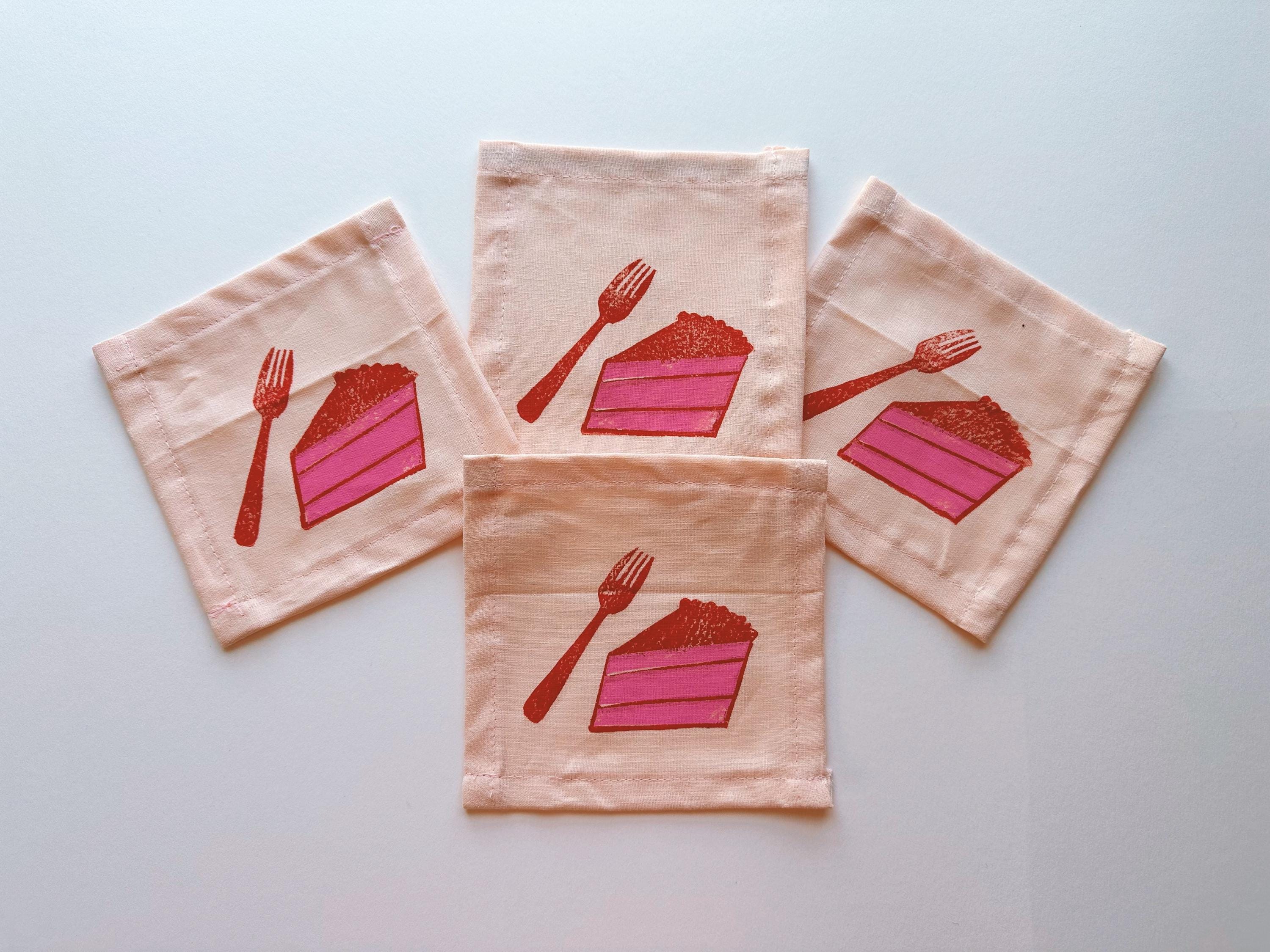 Linen Cocktail Napkins. Cake Slice on Blush. Hand Block Printed. Boho ...