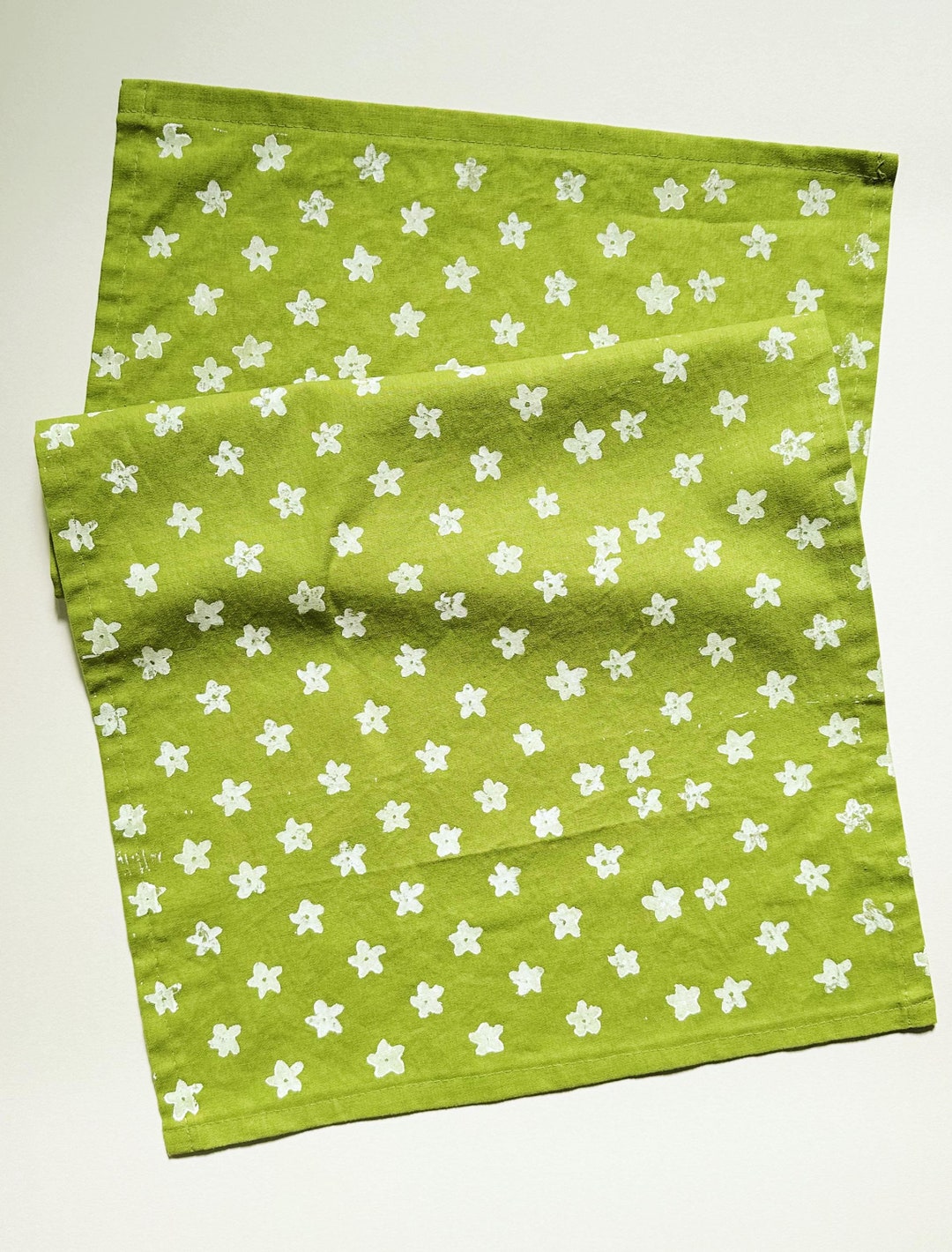 Hand Block Printed Table Runner. Mini Florals on Chartreuse Green. Boho ...