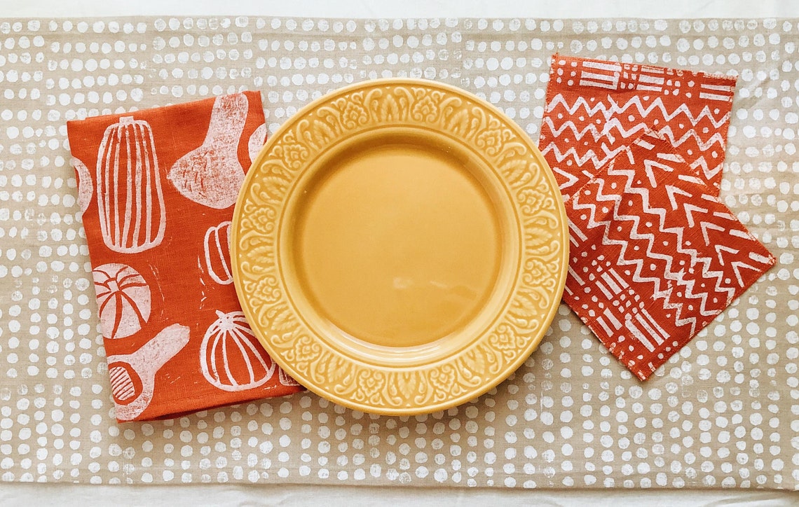 White Pebbles. Hand Block Printed Linen Table Runner. Hostess Gift ...