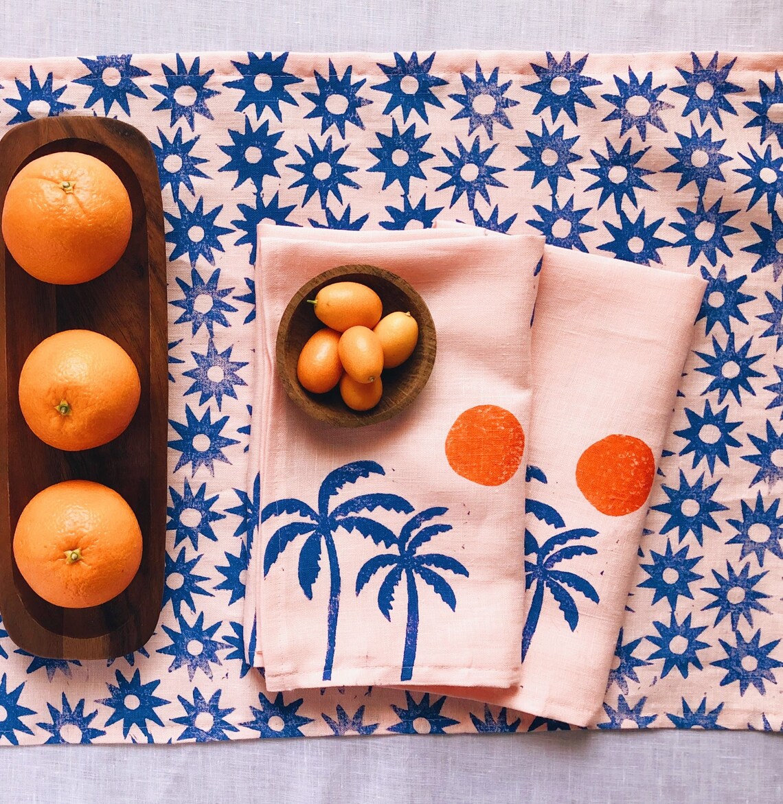 Block Printed Linen Napkins. Palm Sunset on Pink. Placemats / Tea ...