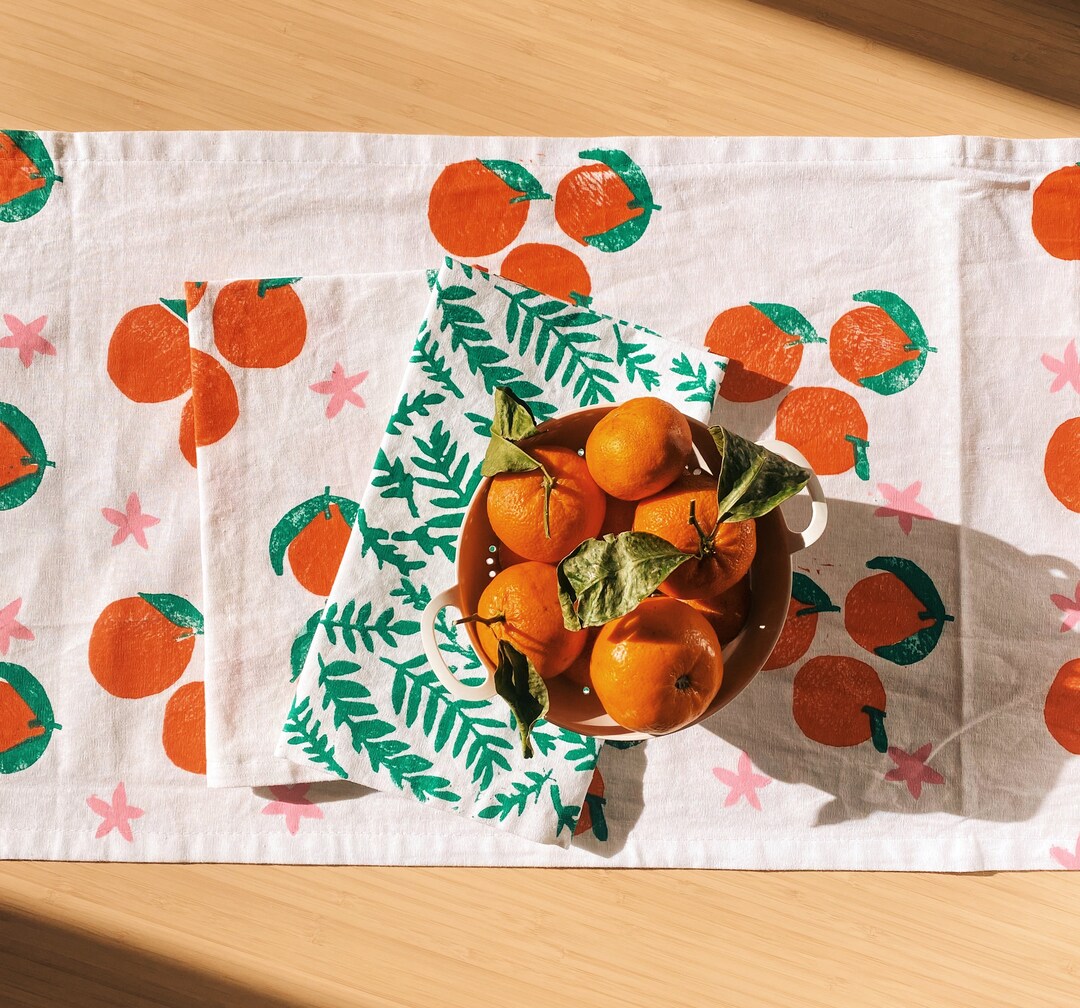 Hand Block Printed Table Runner. Tangerines on White. Boho Decor. Beach ...