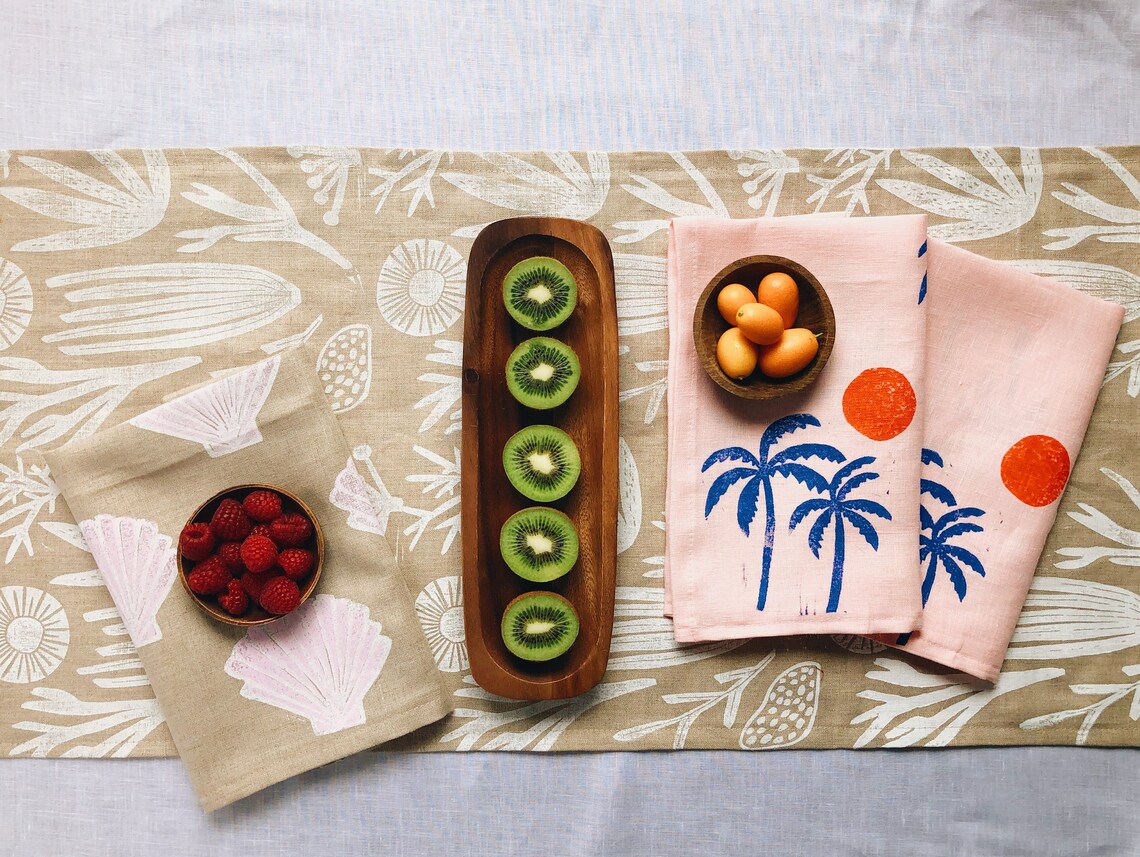 Block Printed Linen Napkins. Palm Sunset on Pink. Placemats / Tea ...