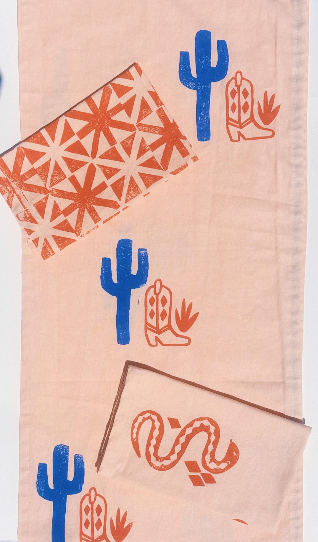 Hand Block Printed Table Runner. Cactus Boot on Blush Pink. Boho Decor ...