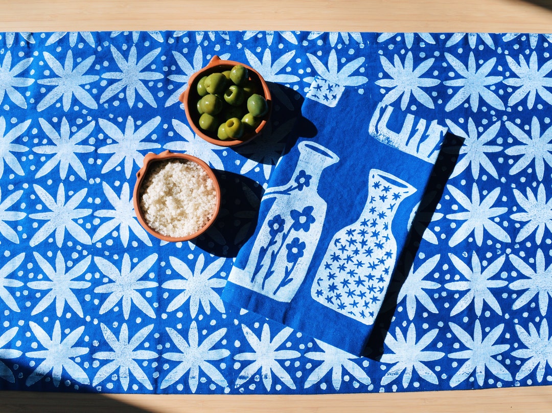 Hand Block Printed Table Runner. Floral Dots on Royal Blue. Boho Decor ...