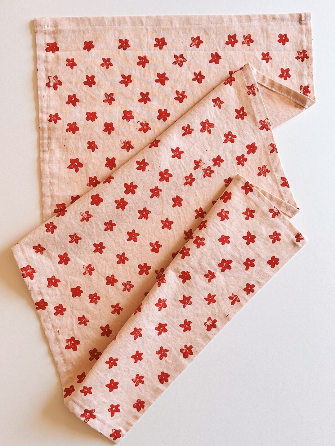 Hand Block Printed Table Runner. Red Mini Floral on Blush Pink. Boho ...
