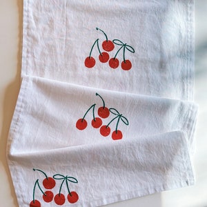 Hand Block Printed Table Runner. Red Cherry on White. Boho Decor. Linen ...