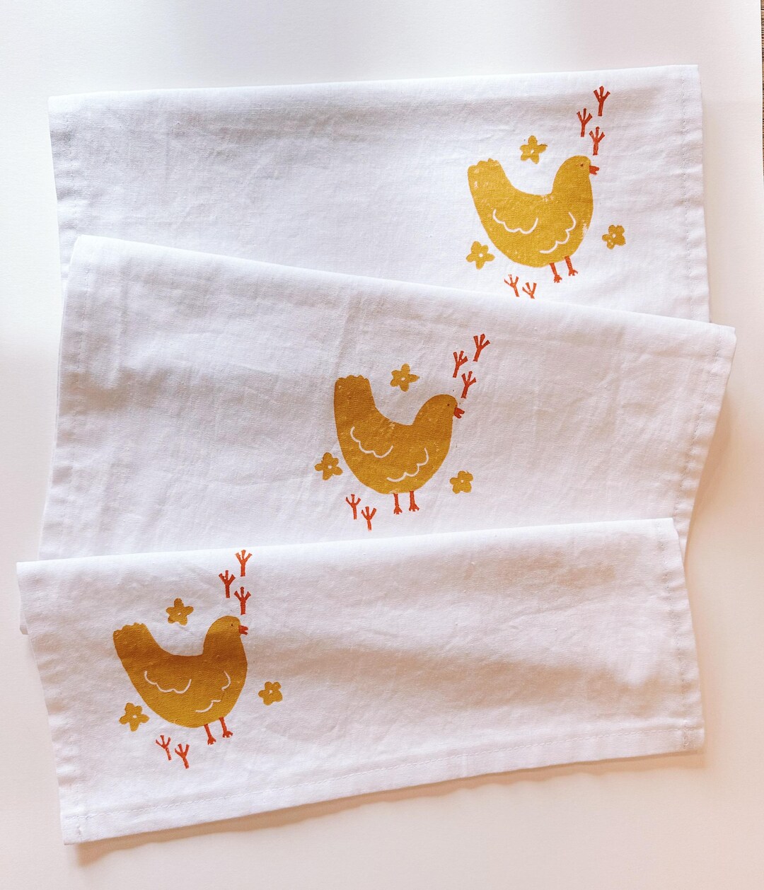 Hand Block Printed Table Runner. Chickens on White. Boho Decor. Linen ...