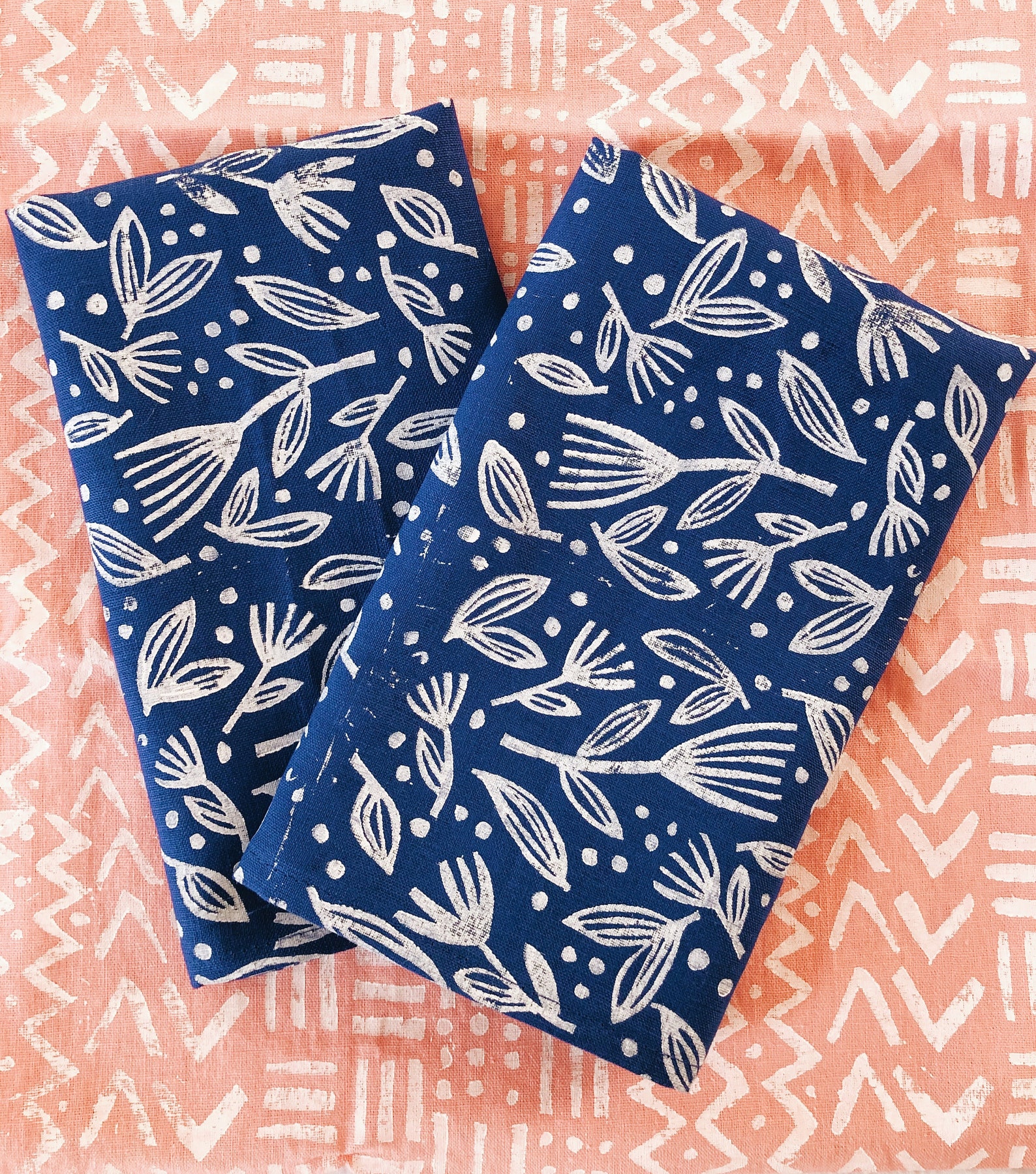 Block Printed Linen Napkins. Floral Toss on Blue. Placemats / Tea ...