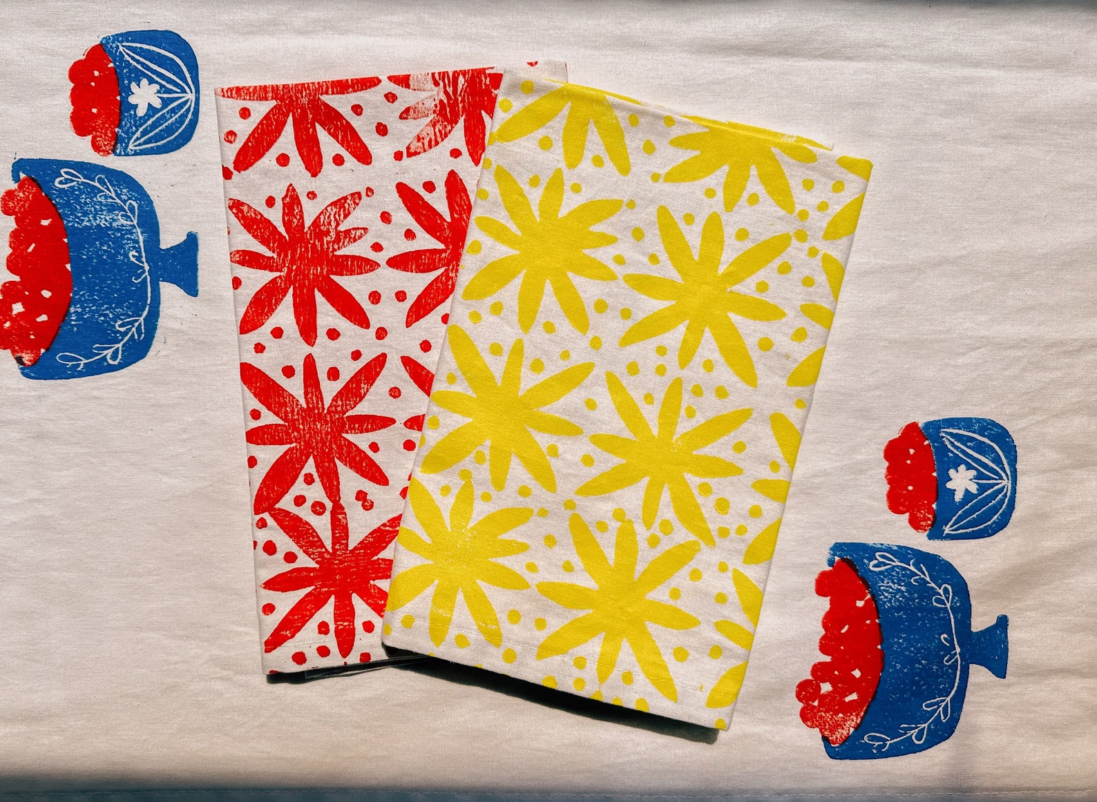Linen Dinner Napkins. Red Floral Dots. Hand Block Printed. Placemats ...