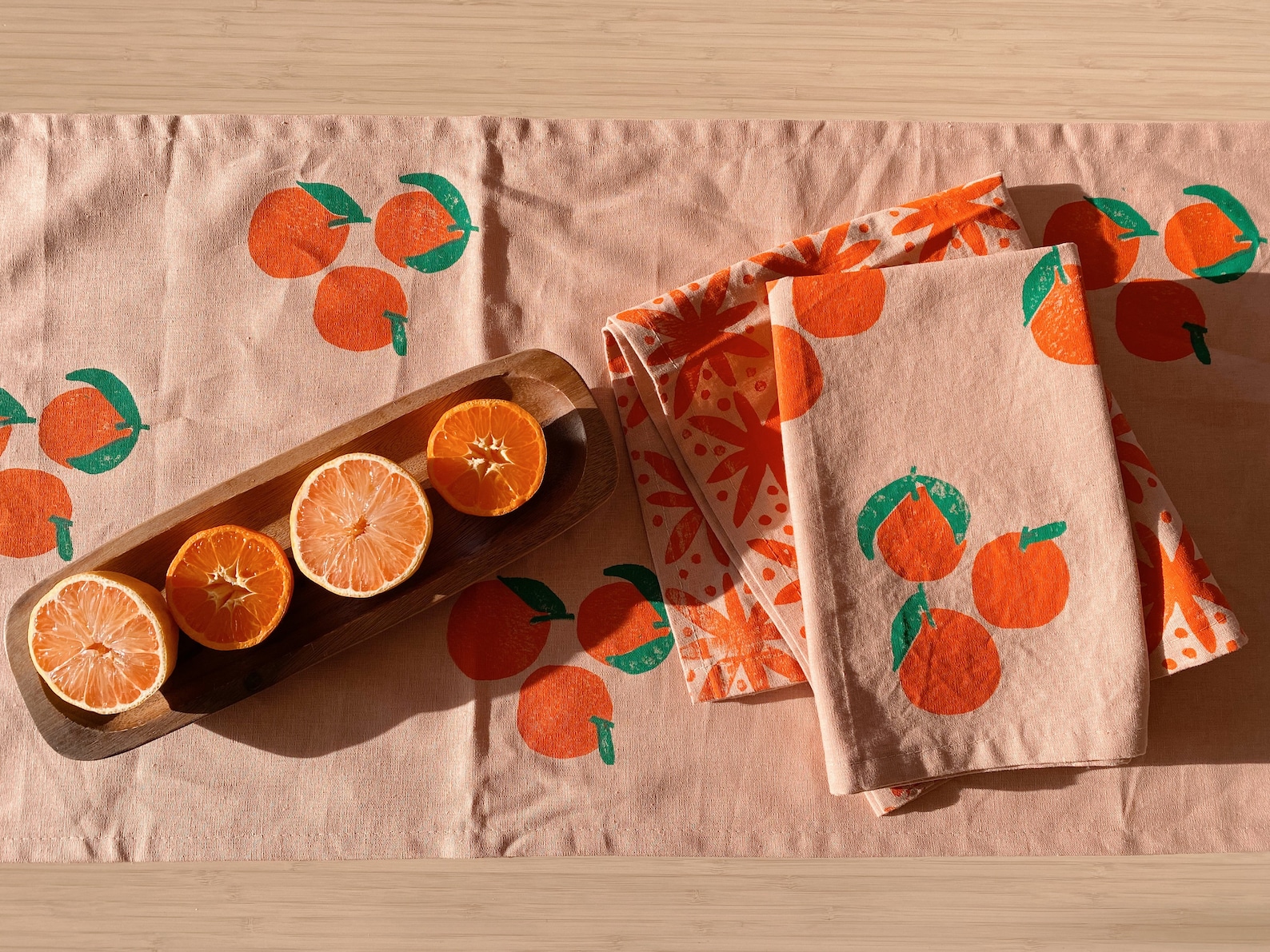 Hand Block Printed Table Runner. Tangerines on Pink. Boho - Etsy