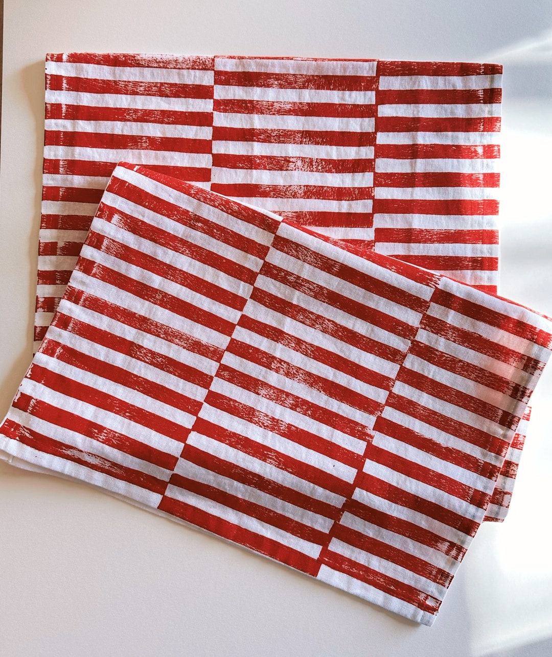 Hand Block Printed Table Runner. Red Stripe on White. Boho Decor. Linen ...