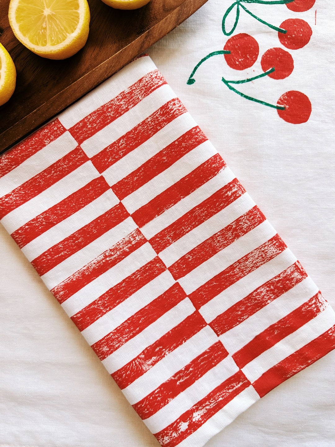 Linen Dinner Napkins. Red Stripe on White. Hand Block Printed ...