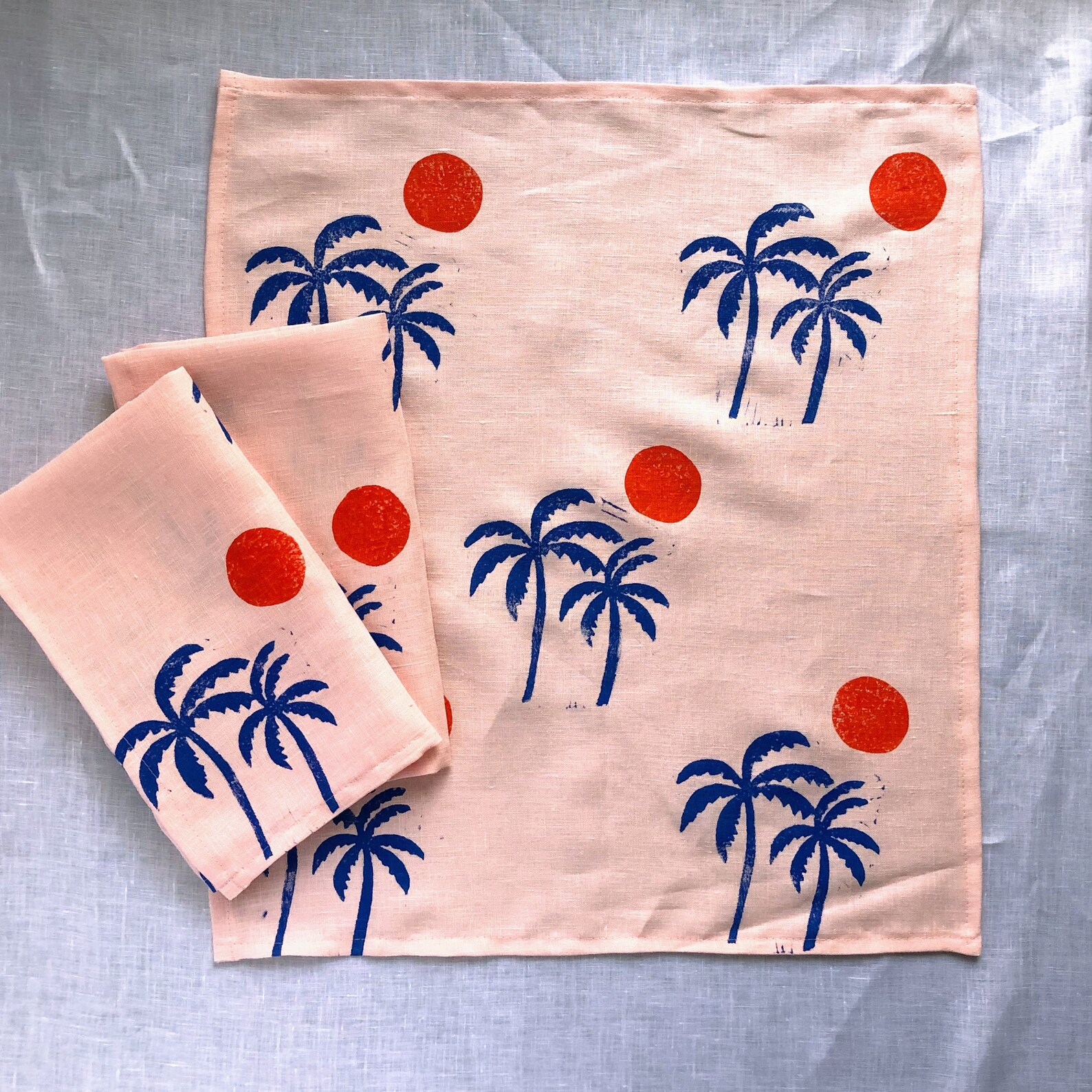 Block Printed Linen Napkins. Palm Sunset on Pink. Placemats / Tea ...