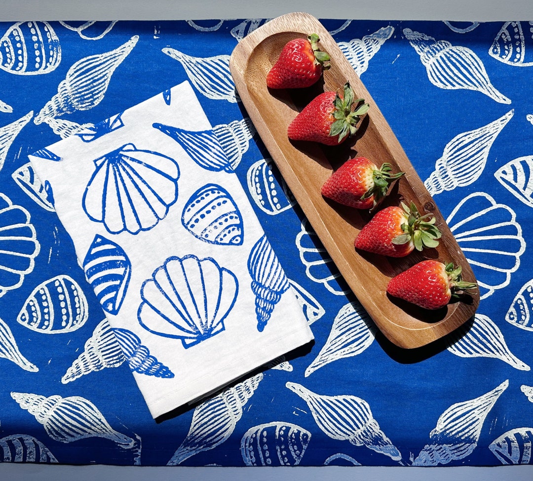 Linen Dinner Napkins. Shells on White. Hand Block Printed. Placemats ...