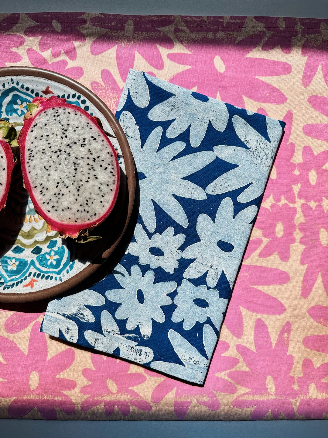 Linen Dinner Napkins. Blue Floral Splat. Hand Block Printed. Placemats ...