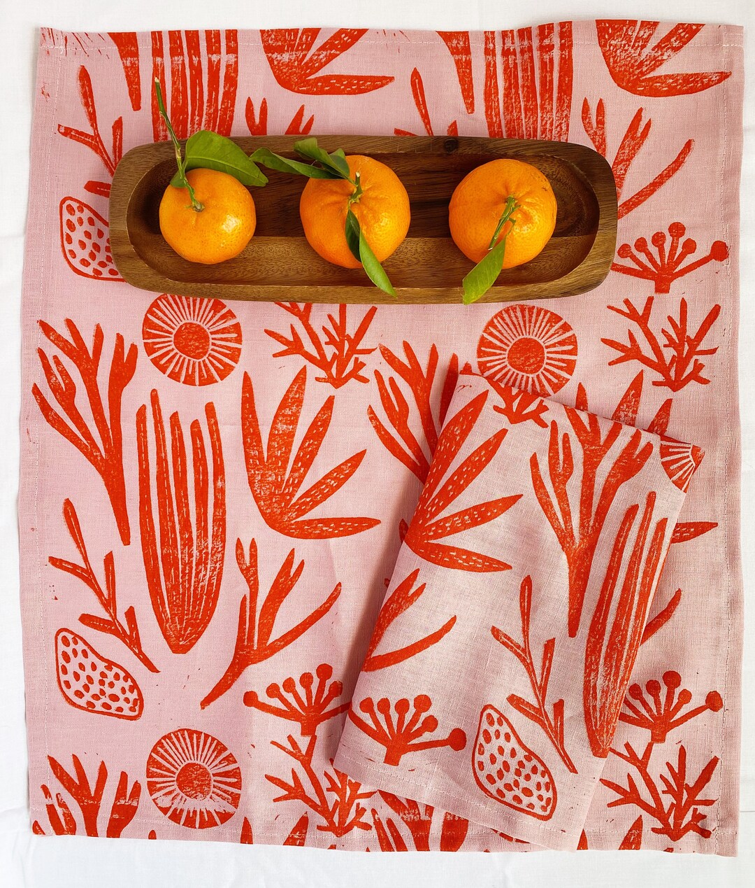 Block Printed Linen Napkins. Sea Things on Blush Pink. Placemats / Tea ...