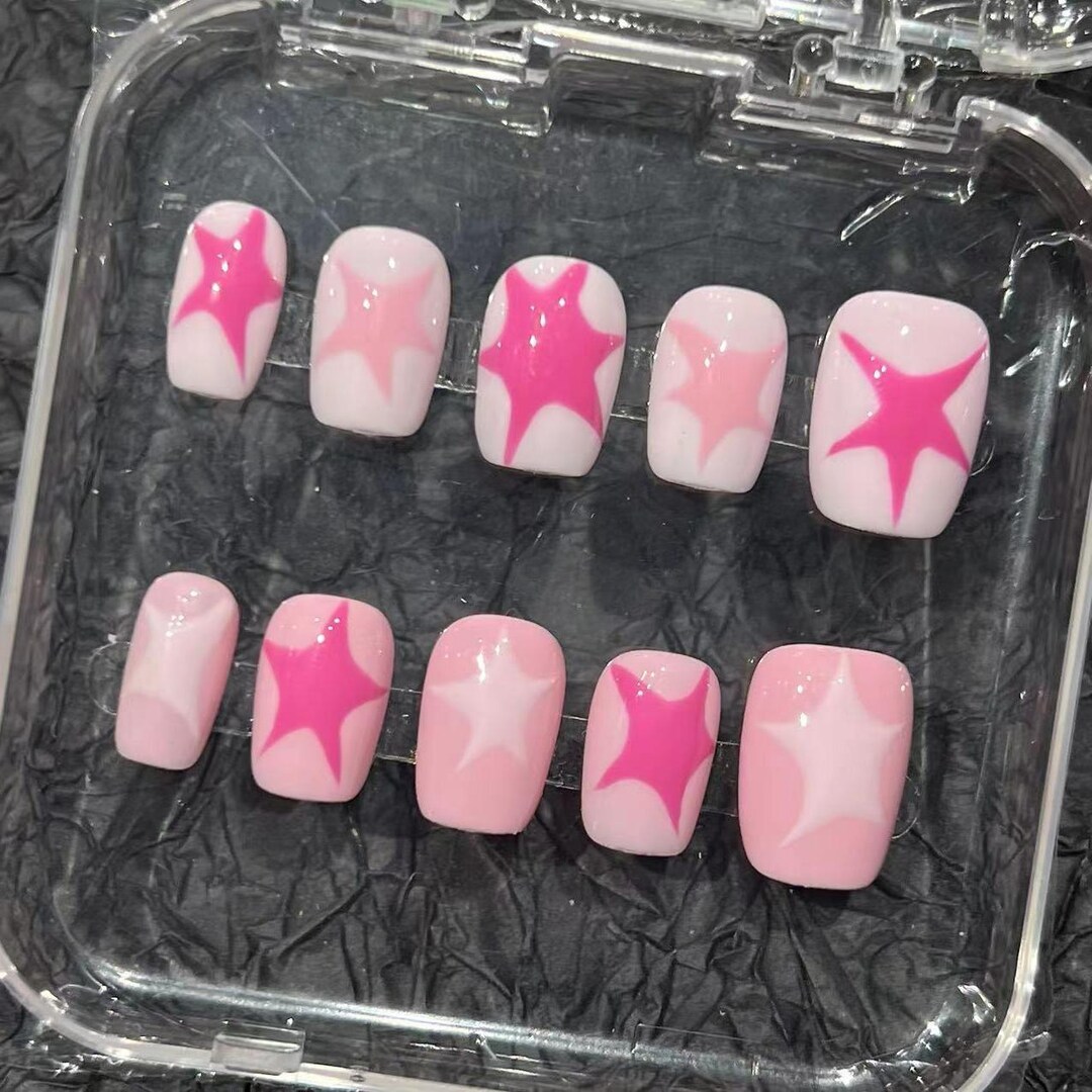 Pink Star Nail Pure Hand-painted Contrasting Nail Press on Nails Cute ...