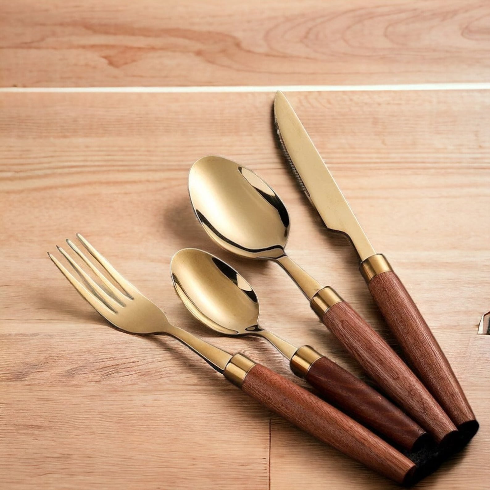 4-piece Wooden Handle Cutlery Set: Stainless Steel Knife, Fork, Spoon ...