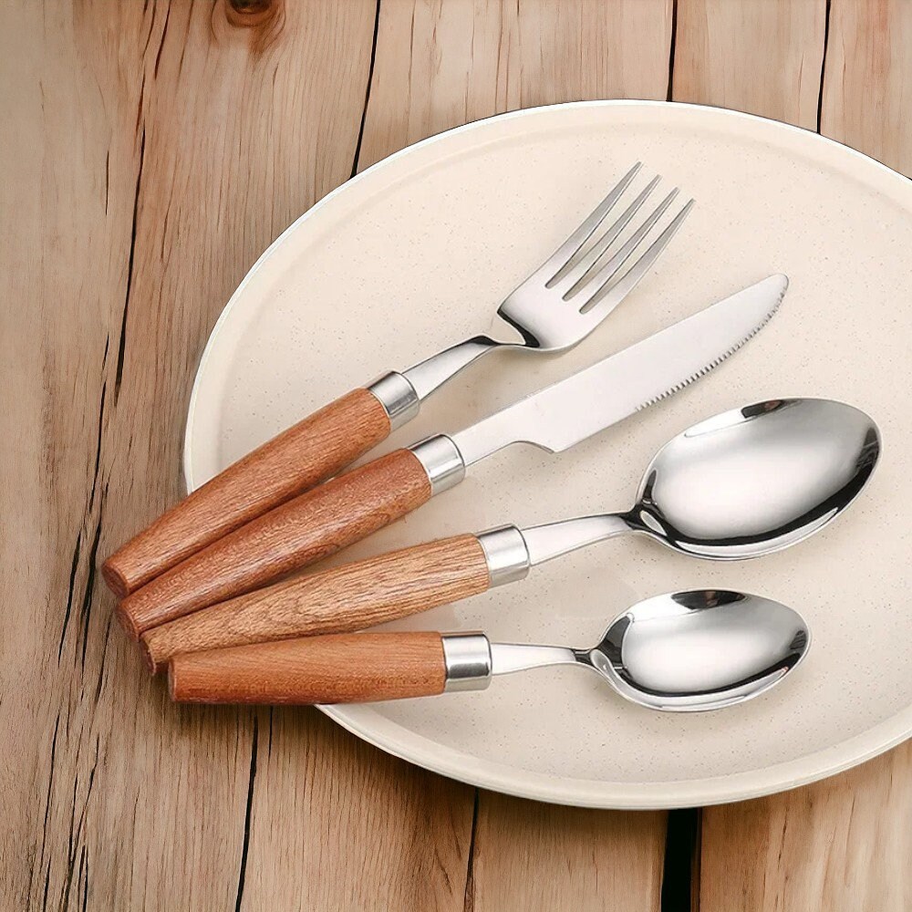 4-piece Wooden Handle Cutlery Set: Stainless Steel Knife, Fork, Spoon ...