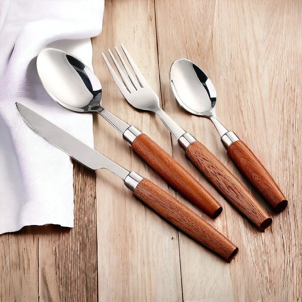 4-piece Wooden Handle Cutlery Set: Stainless Steel Knife, Fork, Spoon ...