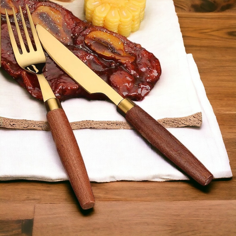 4-piece Wooden Handle Cutlery Set: Stainless Steel Knife, Fork, Spoon ...