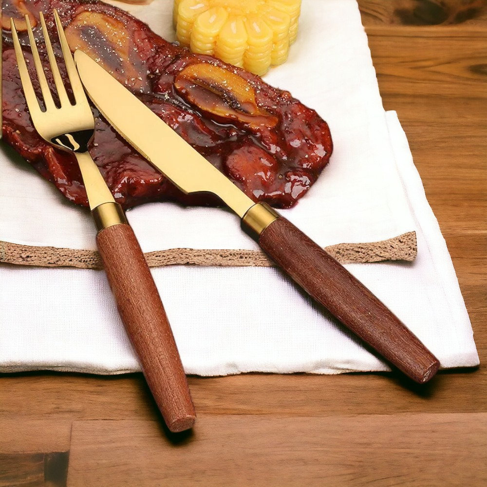 4-piece Wooden Handle Cutlery Set: Stainless Steel Knife, Fork, Spoon With Sapele Wood Handles ...