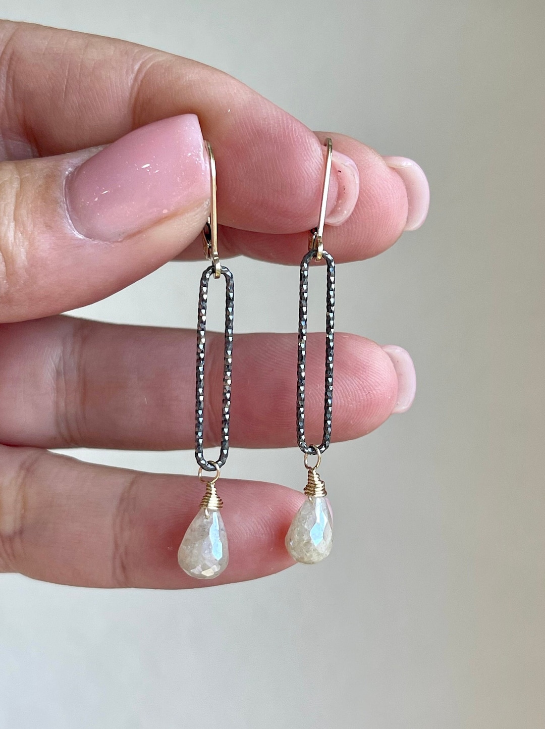White Silverite Oval Earrings, Sheen Teardrop on Thin Oxidized Silver ...