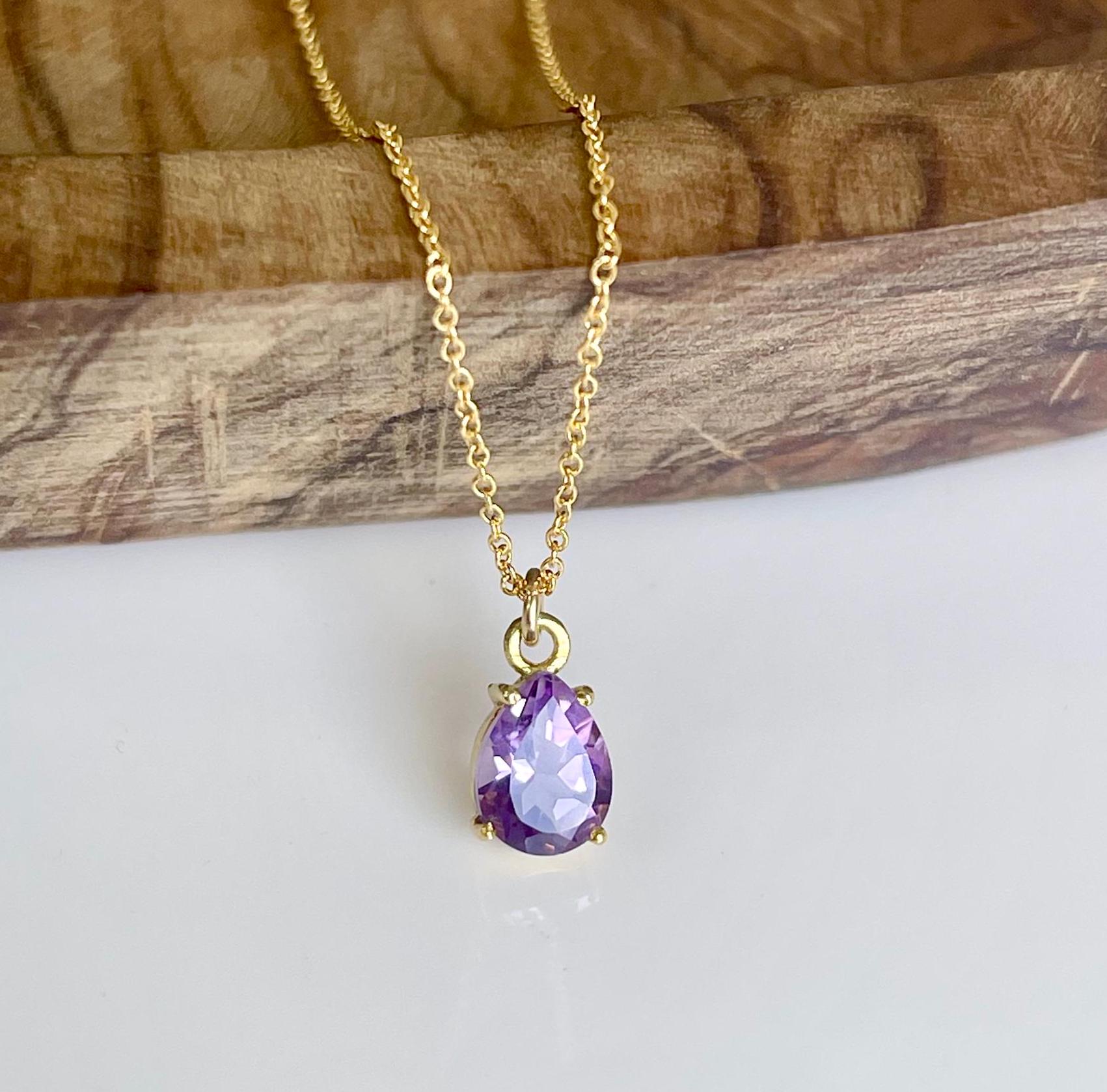 Amethyst Necklace, February Birthstone, Tiny Purple Teardrop Pendant in ...